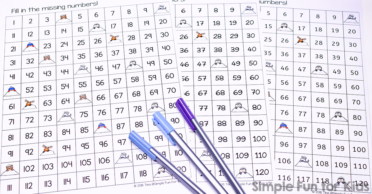 Piles of Snow Fill in the Missing Numbers 1-120 Printable - Simple Fun ...