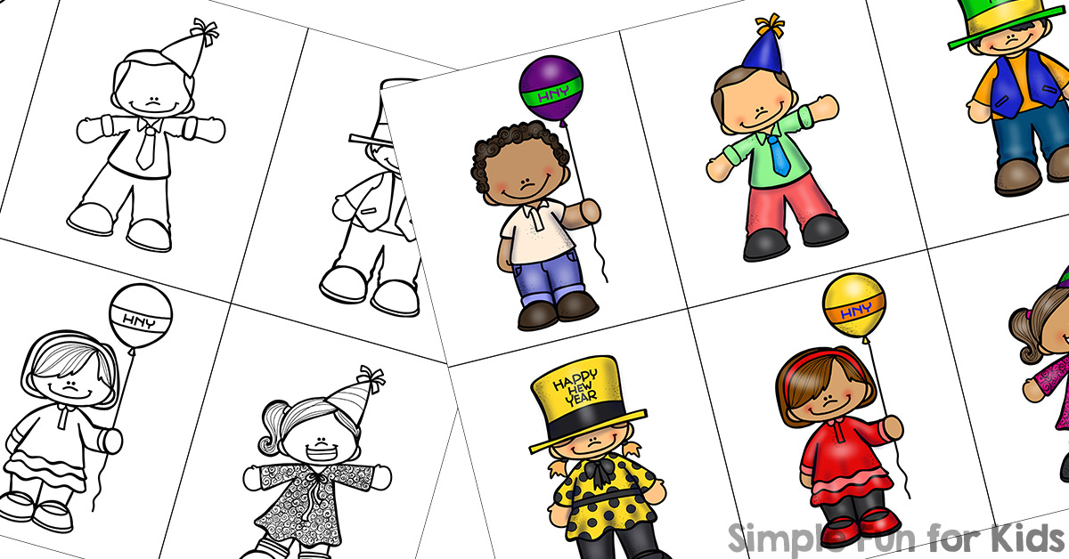 Kids Celebrating the New Year Matching Game for Toddlers - Simple Fun ...