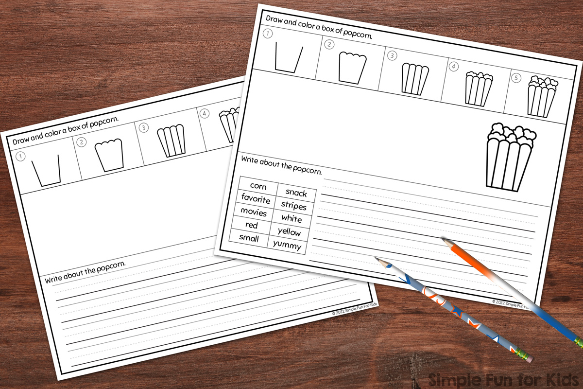 Popcorn Directed Drawing Worksheets - Simple Fun for Kids VIP